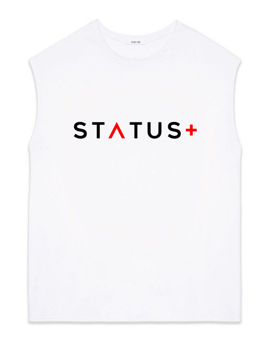 Sleeveless Status Plus White Shirt (Black and Red Logo) – Status Plus ...